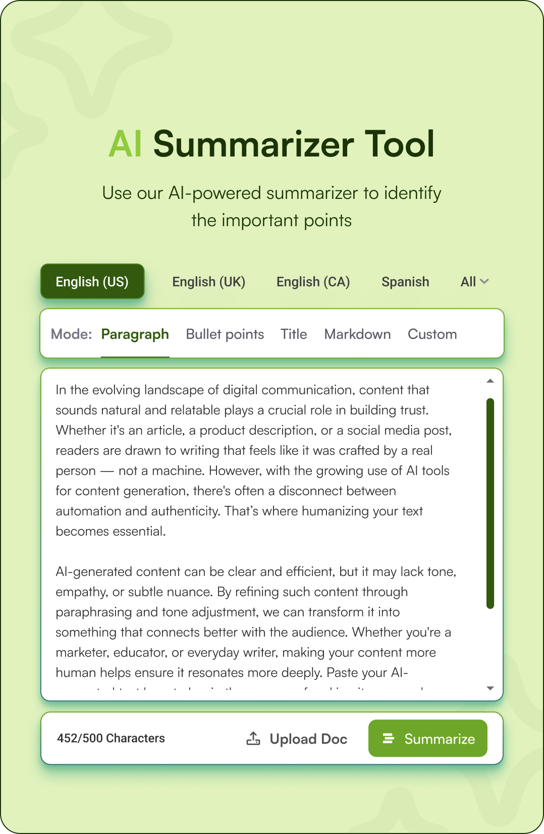 AI Summarizer - Text Summarizing Tool (Free) - Unlimited